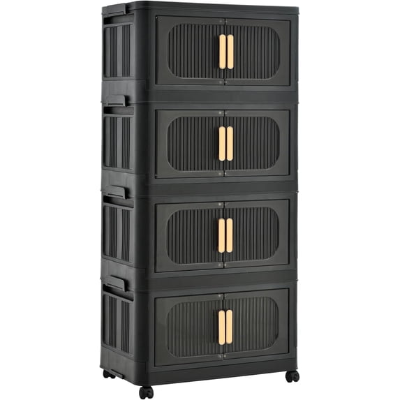 24" Side Wide Folding Storage Cabinet - Black 4-Tier Collapsible ...