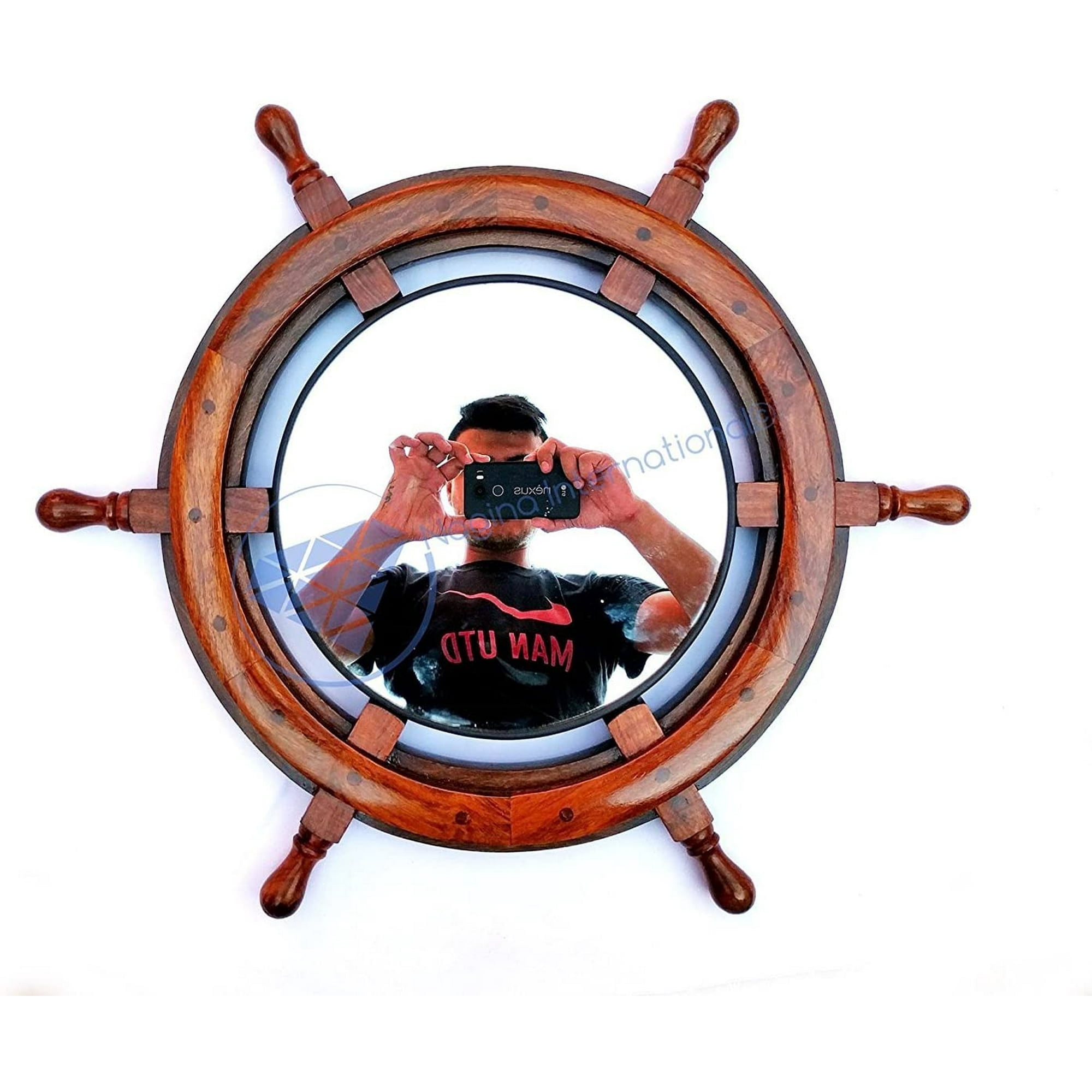 24" Silver international Natural Wood Ship Wheel with Plane Mirror ...
