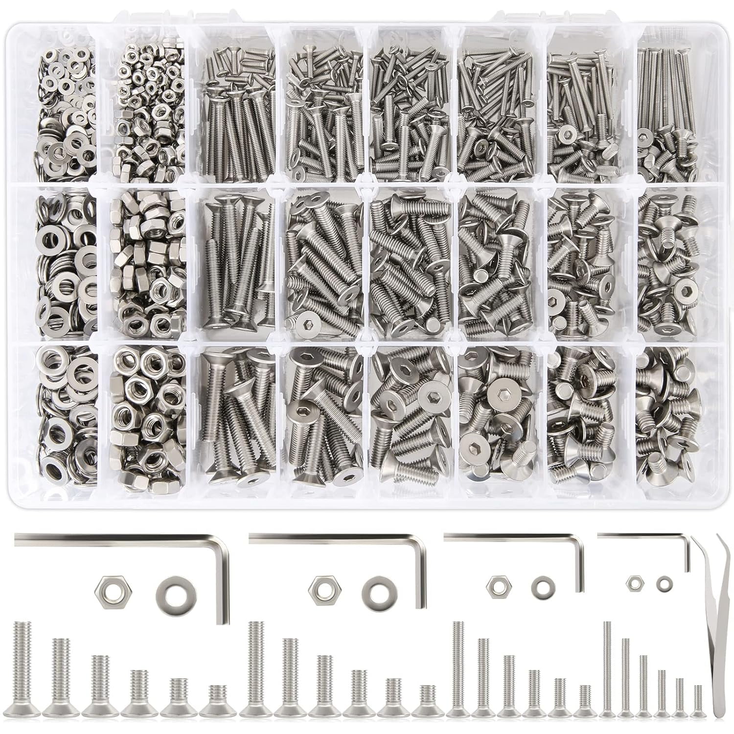 24 Sizes M2 M3 M4 M5 Hex Socket Flat Head Screw Bolts and Nuts Kit, 8MM to 25MM 304 Stainless ...