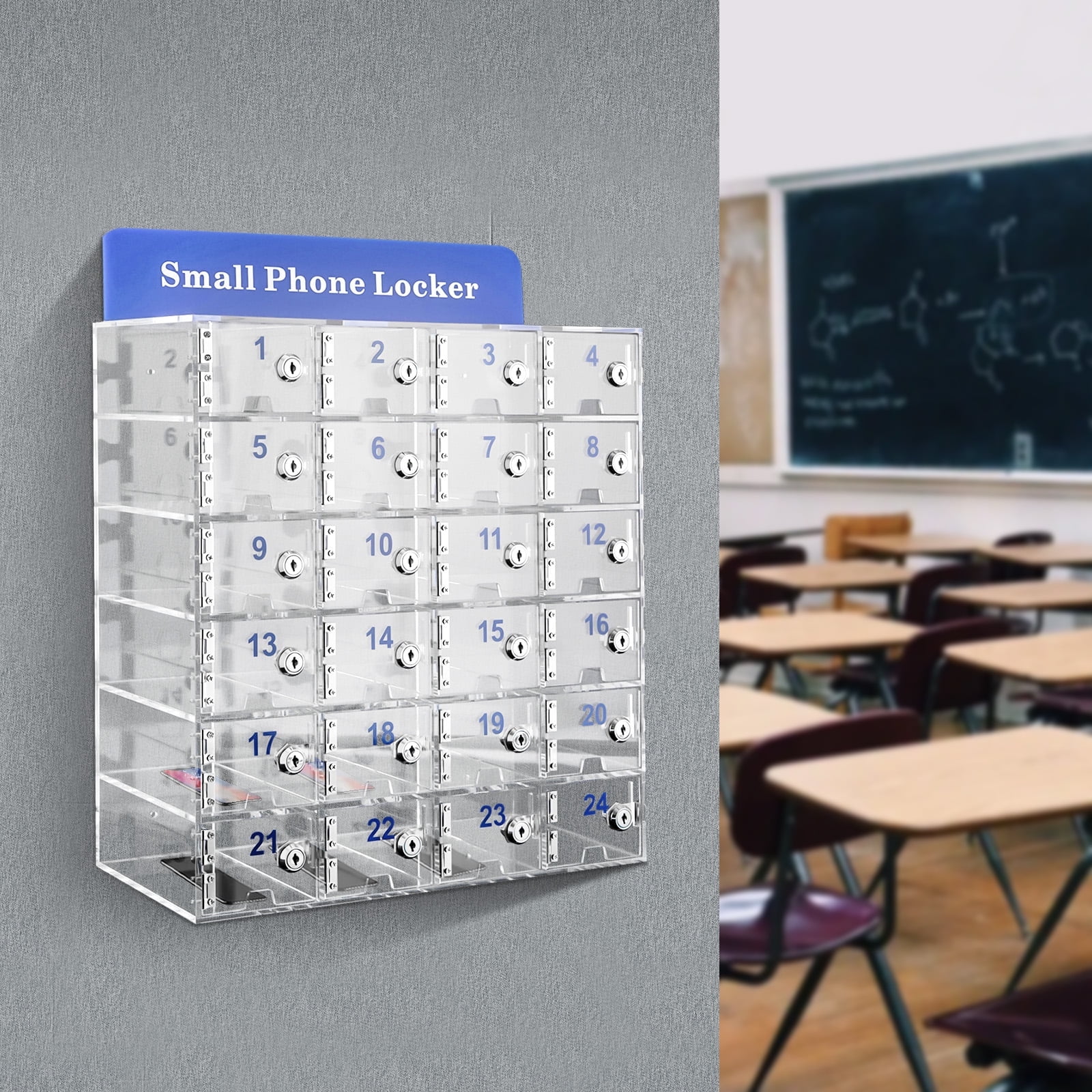 24-Slot Clear Acrylic Cell Phone Storage Locker with Lock & Keys, Wall ...