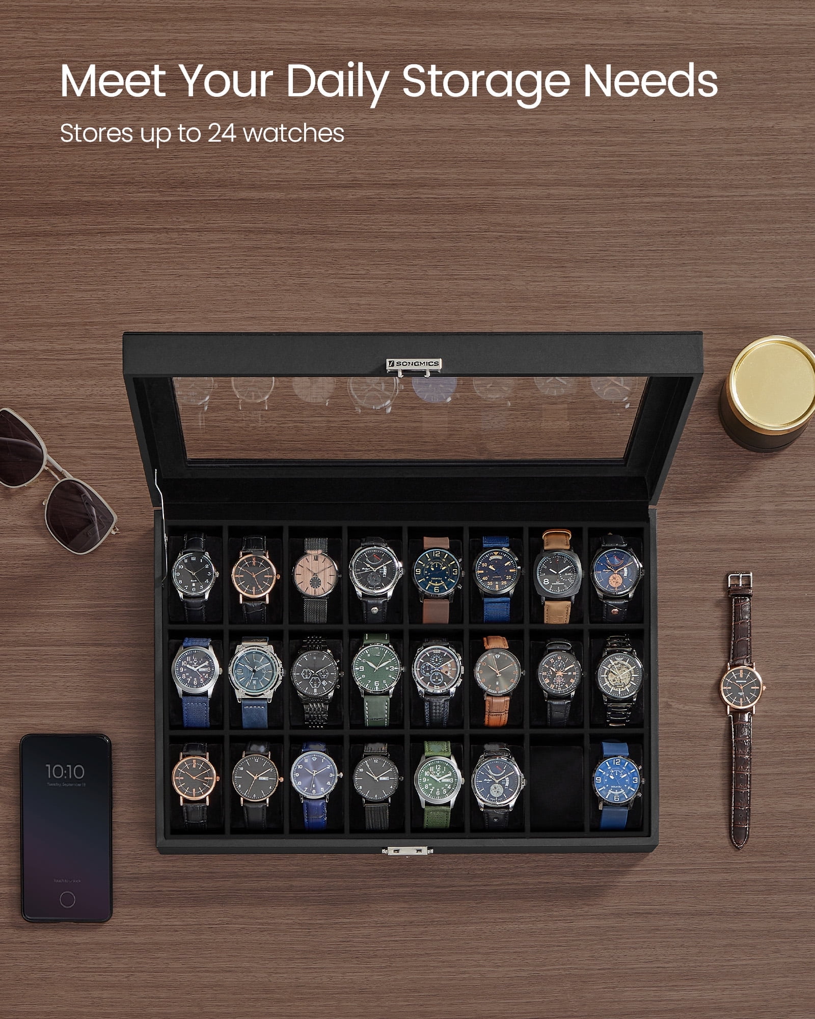 24-Slot Lockable Watch Case with Glass Lid - Premium Watch Storage Box ...