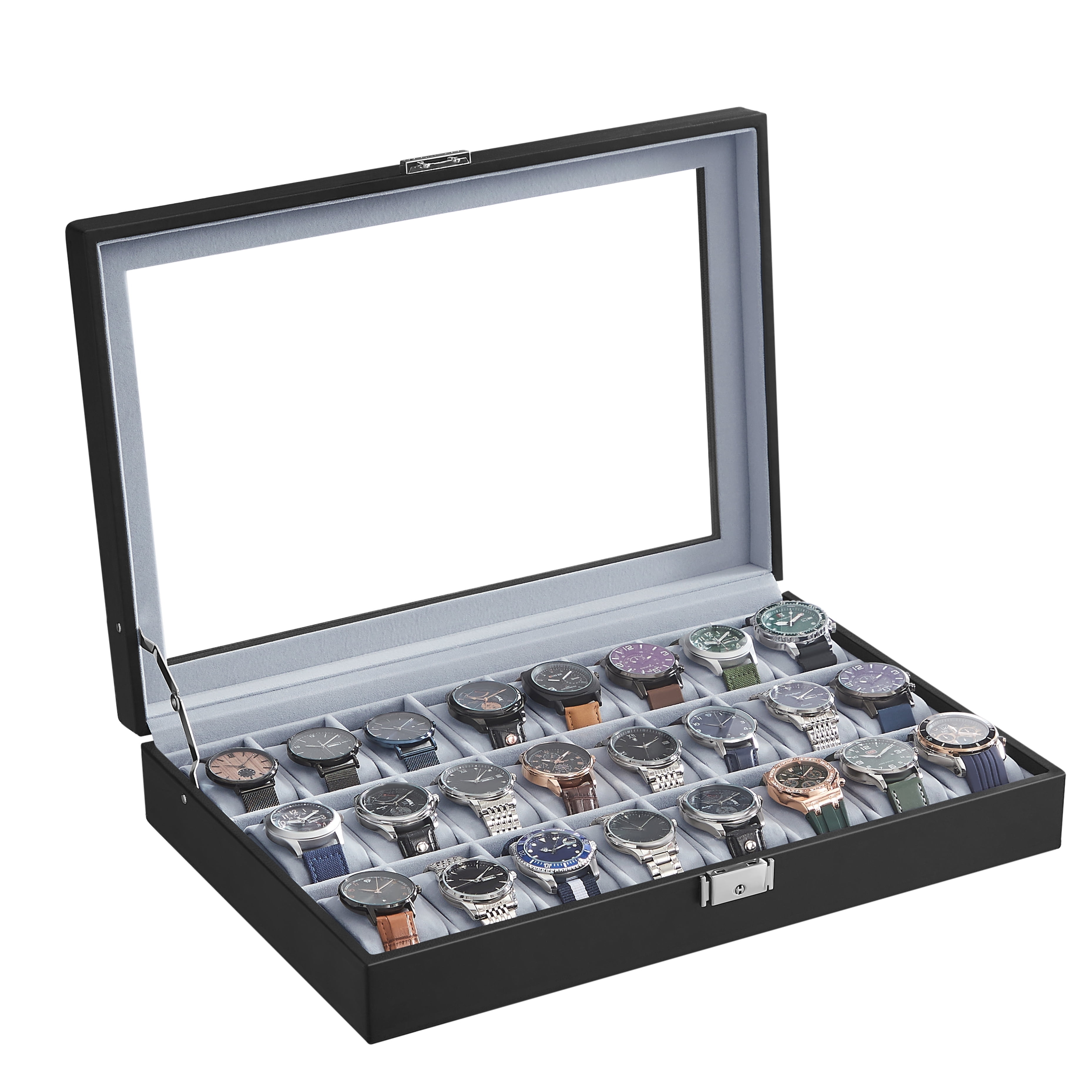 24-Slot Watch Case, Lockable Watch Storage Box with Glass Lid,, Black ...