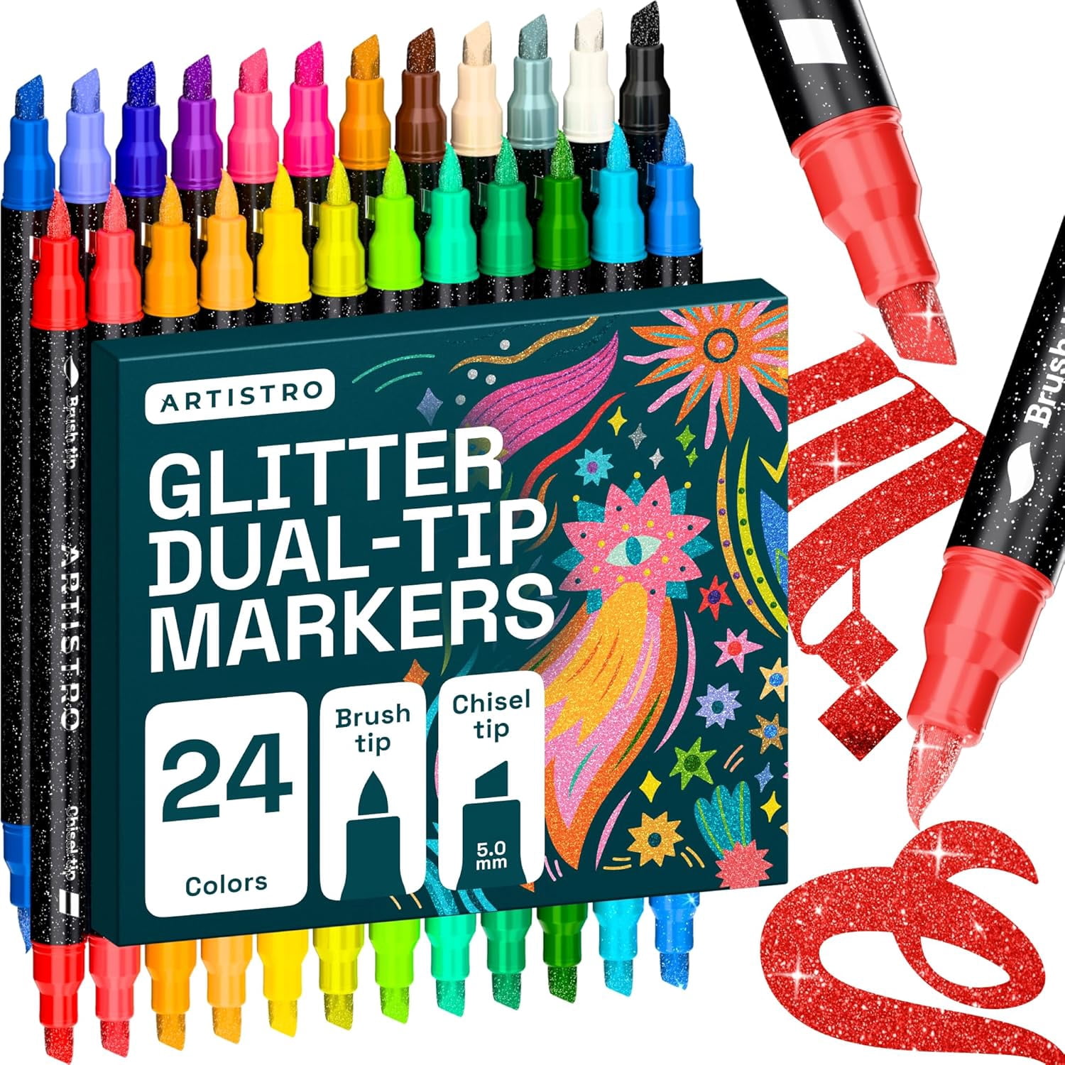 24 Sparkly Glitter Dual-Tip Paint Pens – Dazzling Markers with Acrylic ...