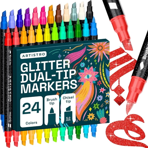 24 Sparkly Glitter Dual-Tip Paint Pens – Dazzling Markers with Acrylic ...