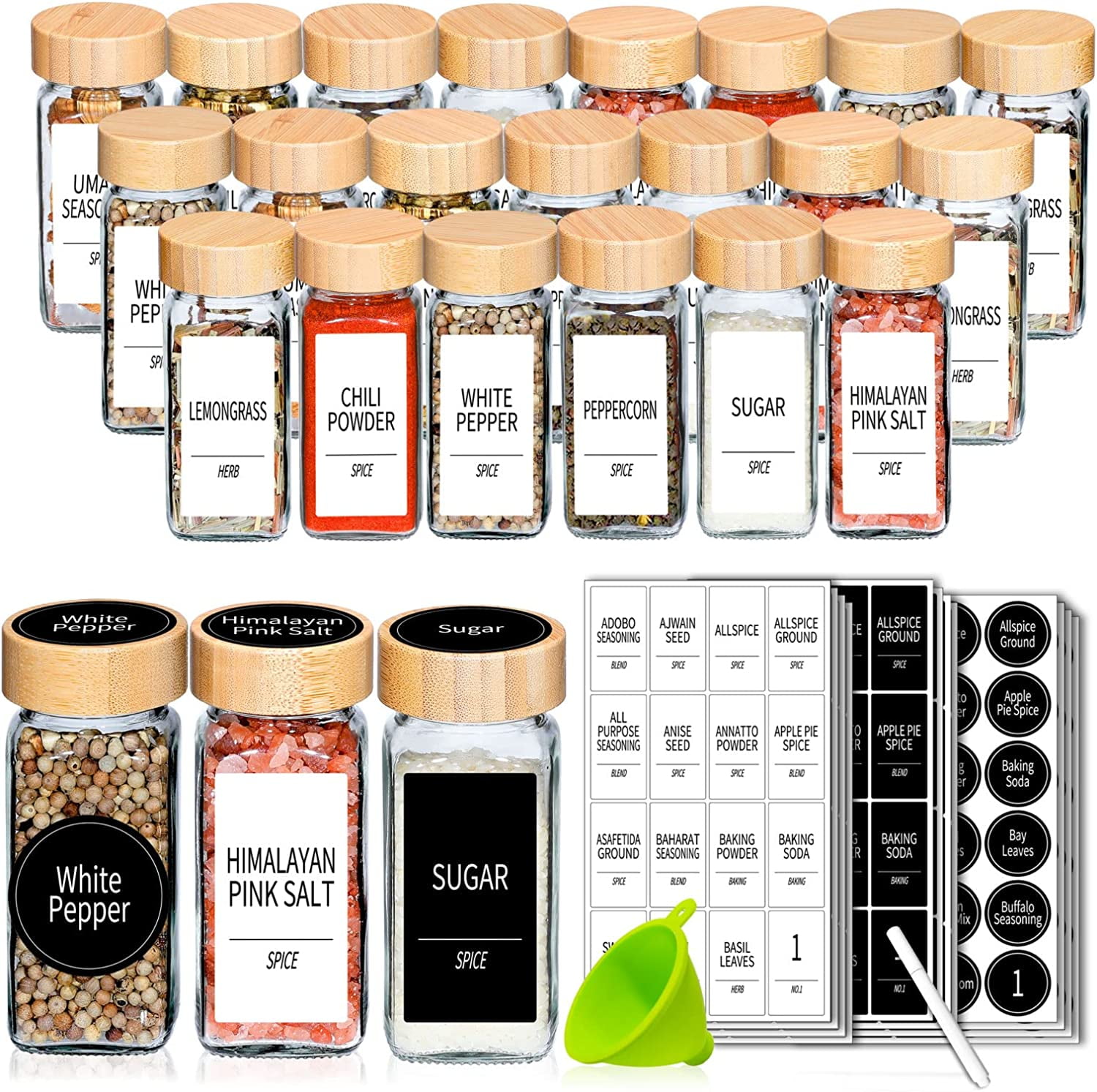 24 Spice Jars with Labels & Bamboo Lids - 4 Oz Glass Containers with ...
