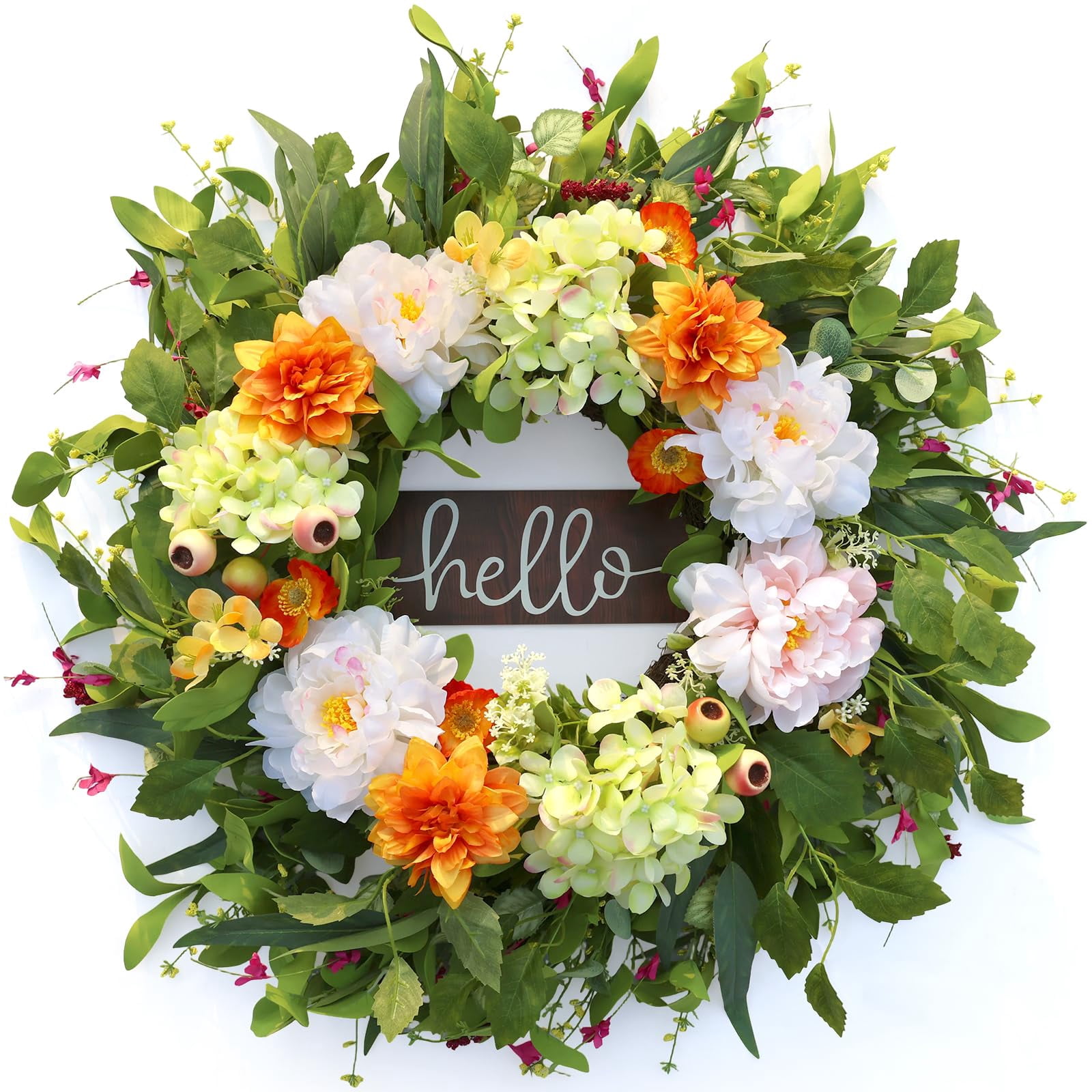 24" Spring Summer Wreaths For Front Door With Hello Sign Hydrangea ...