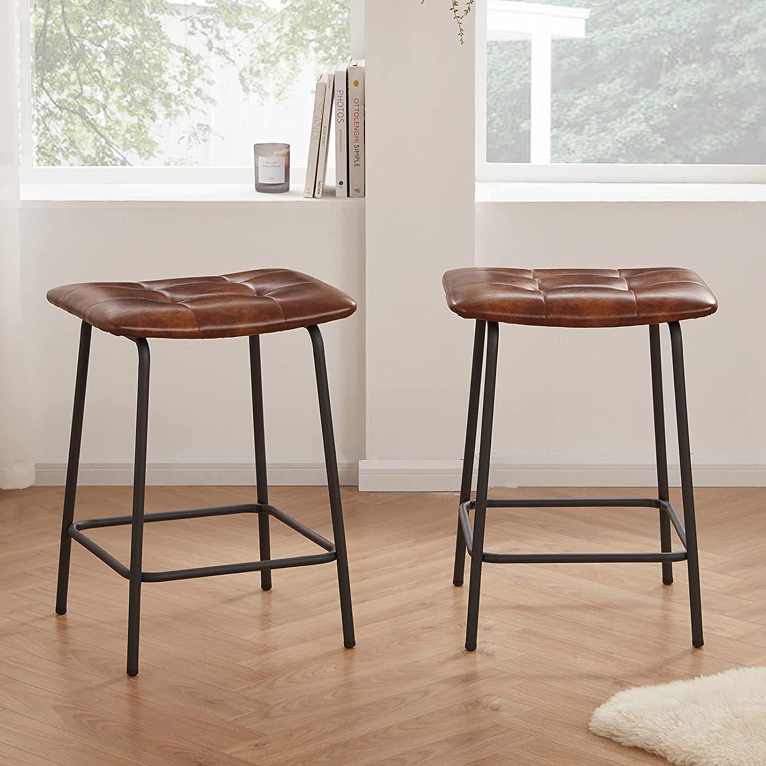 24” Square Tufted Counter Bar Stools Set of 2, Breathable Faux Leather ...