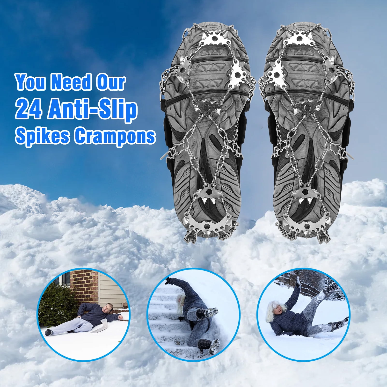 24-Stainless Steel Spike Ice Cleats for Shoes with Adjustable Strap and ...
