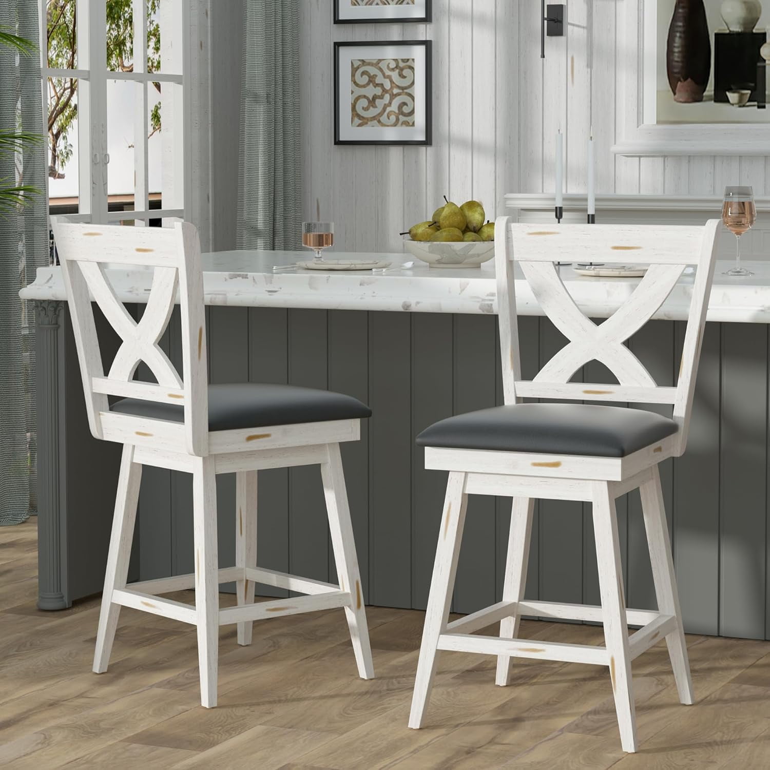 24" Swivel Counter Height Stools, High Back Swivel Bar Stools with Grey ...