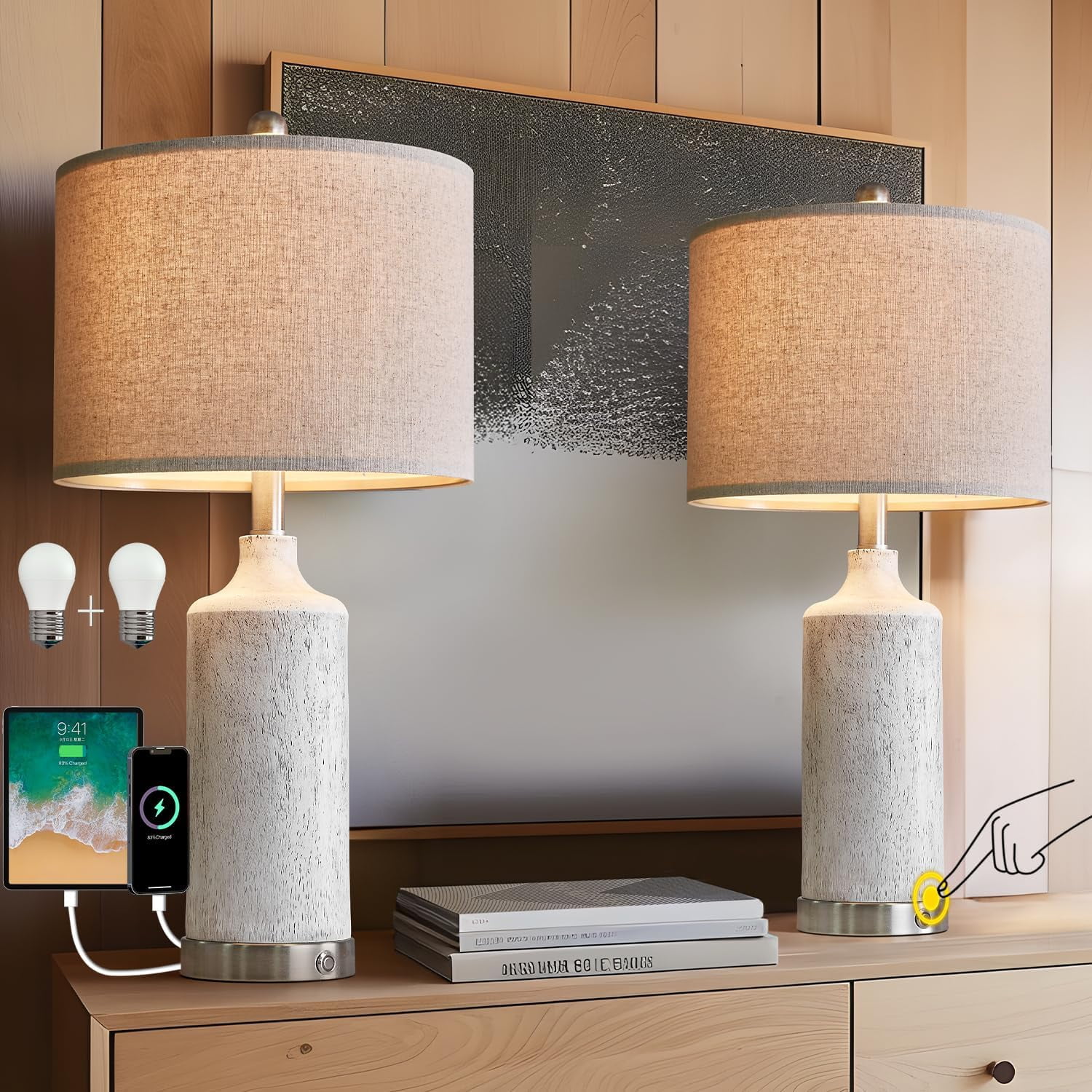 24” Table Lamps Set of 2, Bedside Lamps for Bedroom Night Stands, 3-Way ...