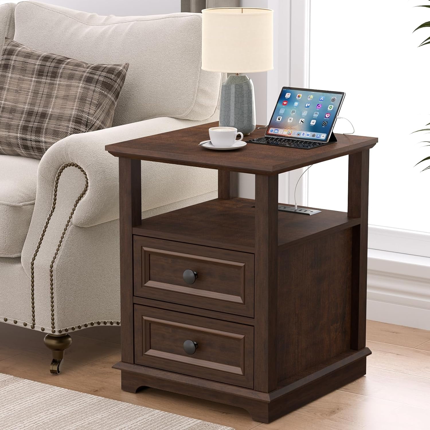 24" Tall End Table with Charging Station, Double 18W Fast Charge End ...