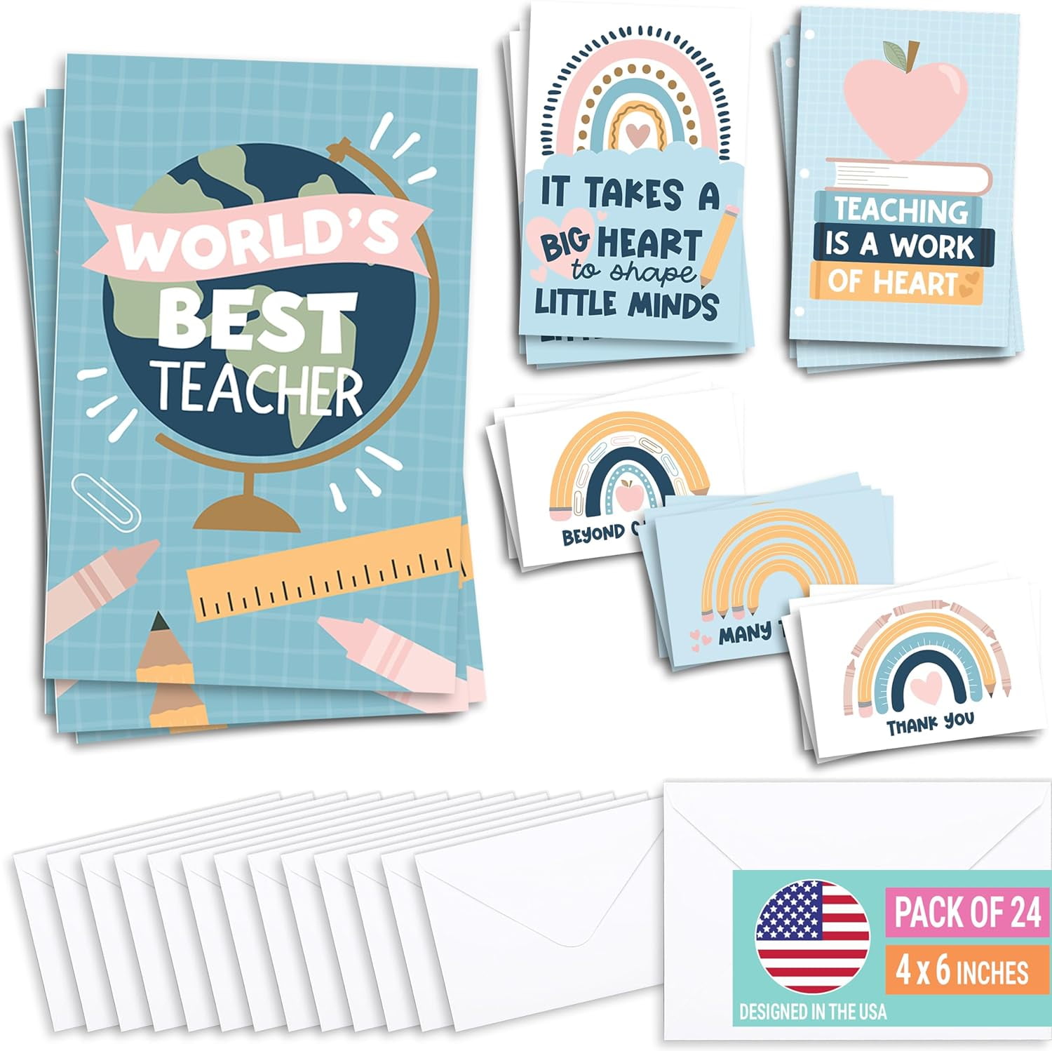 24 Teacher Appreciation Cards in Bulk – 6 Assorted Cute Teacher Thank ...