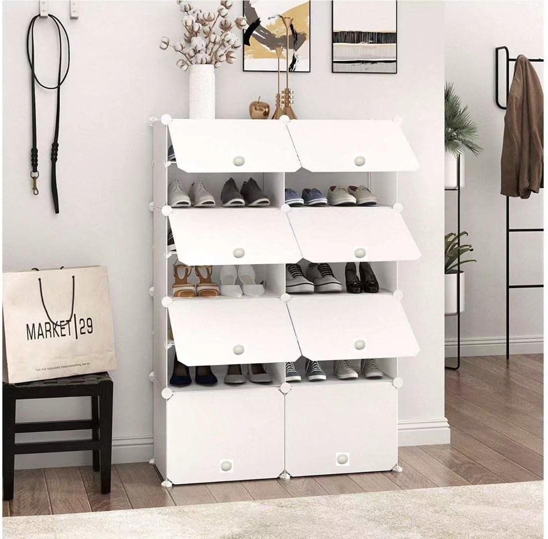 24-Tier Shoe Storage Cabinet, 48-Pair Plastic Shoe Shelves, White ...