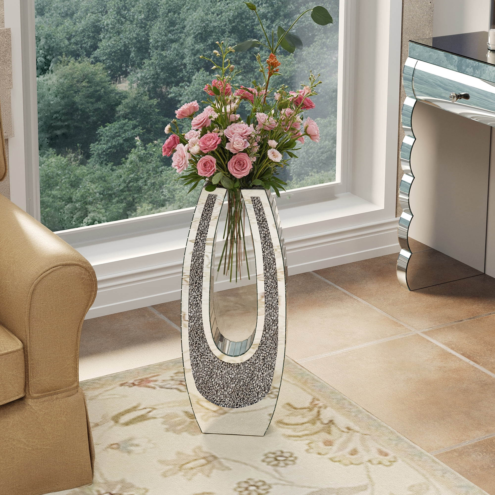 24"U-shaped Floor vase shattered diamond mirror surface vase silver ...