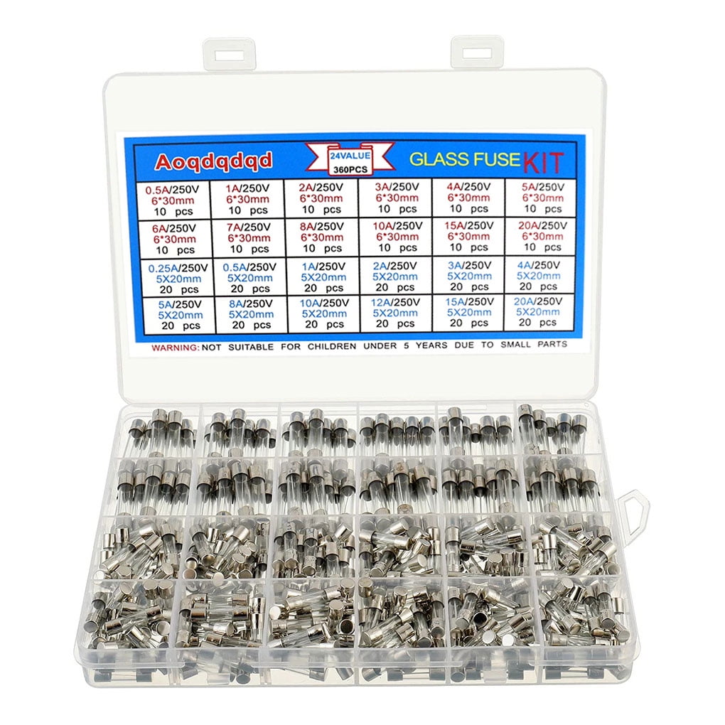 24 Values 360 pcs Fast-Blow Glass Fuses Assortment Kit 5x20mm 250V 0.25 ...