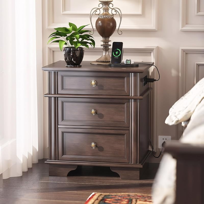 24" W Nightstand with Charging Station, Wood Nightstand with Textured ...