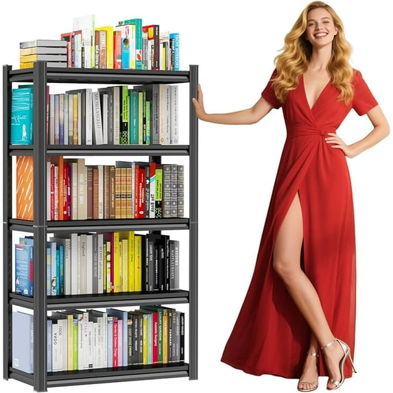 24"W Steel and Wood Book Shelf, 4 Tier Wooden Bookcase, 1200LBS Display ...