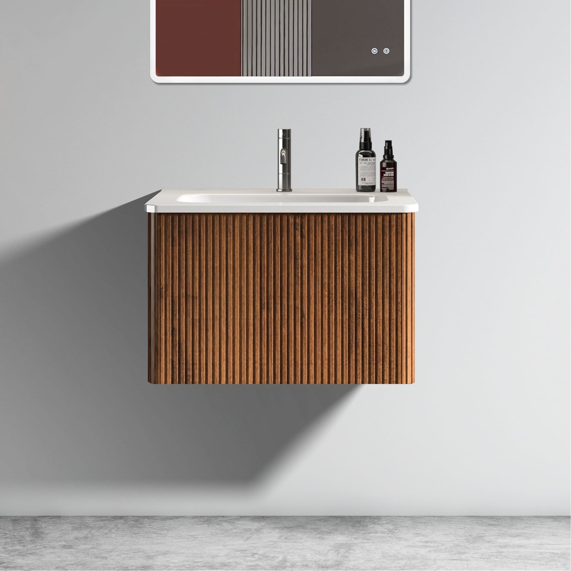 24" Wall Mounted Bathroom Vanity - Striped Walnut White Ceramic Sink ...