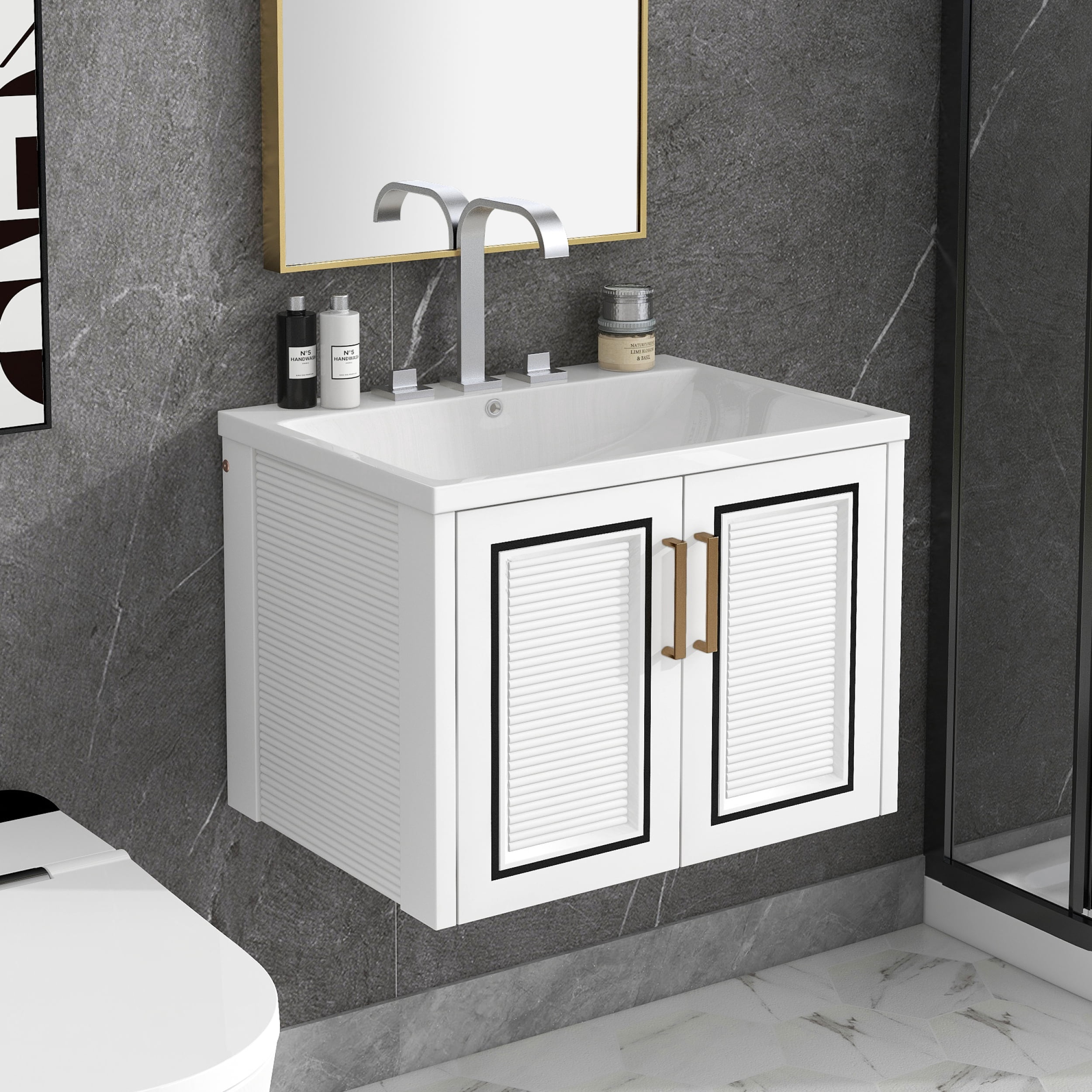 24" Wall Mounted Bathroom Vanity with Ceramic Basin, Two Shutter Doors ...