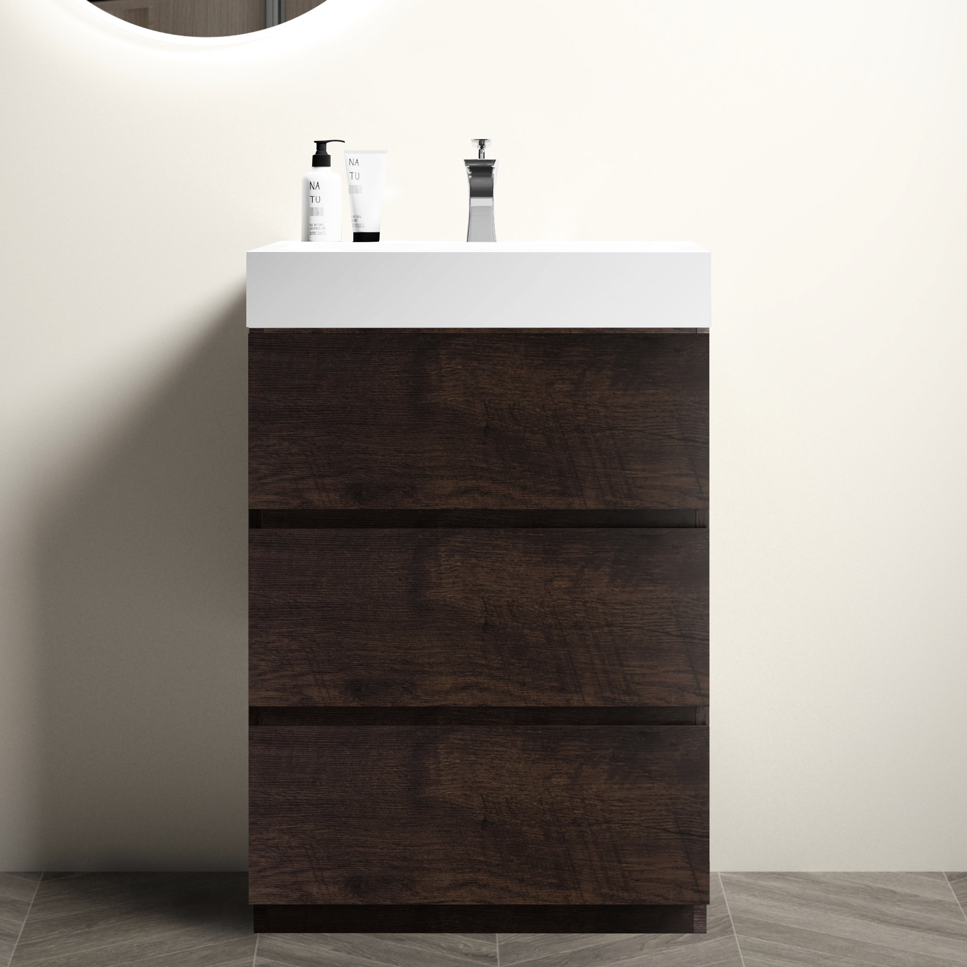 24" Walnut Bathroom Cabinet - Modern Freestanding, Ample Storage Inside ...