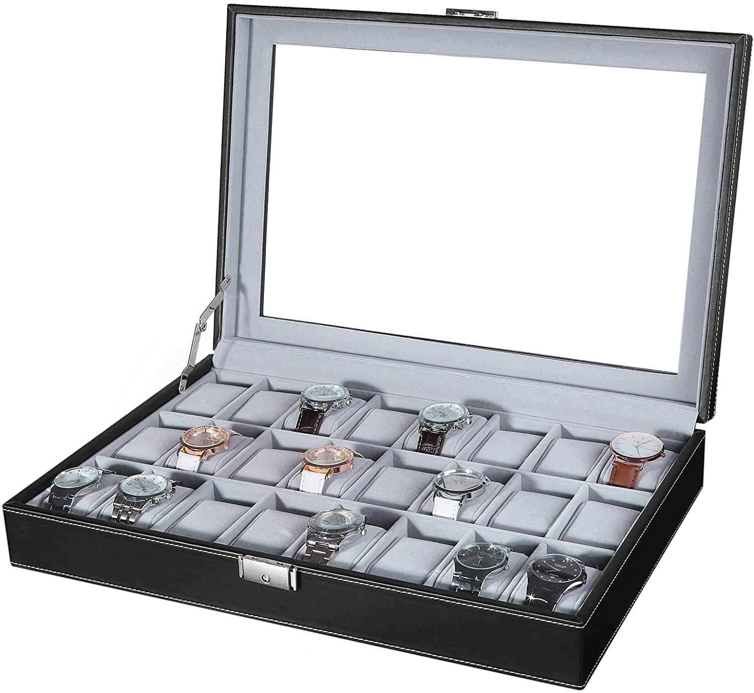 24 Watch Box Large Watch Case Glass Top Jewelry Display Organizer Faux ...