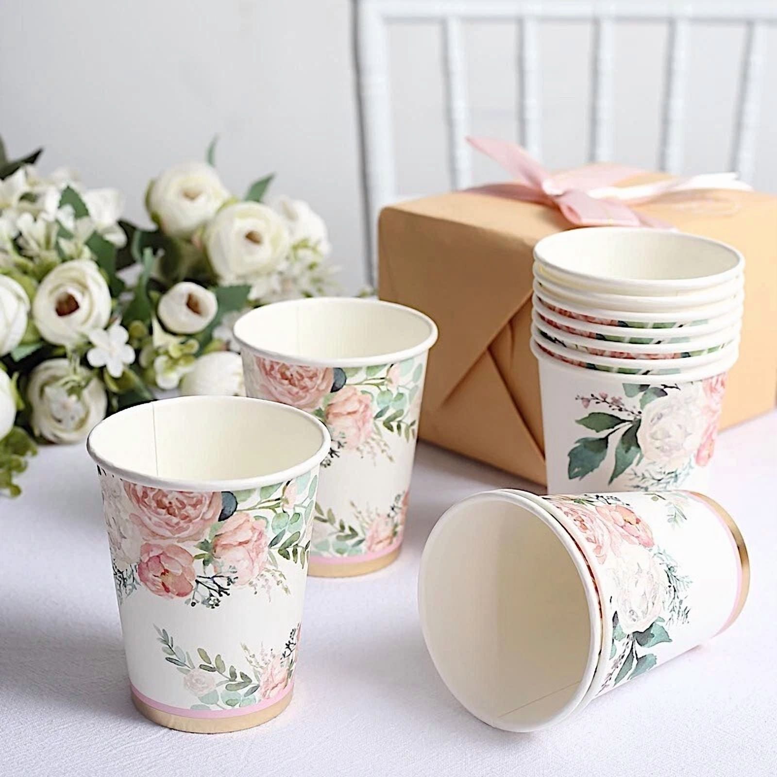 24 White 9 Oz Pink Peony Flower Design Disposable Paper Drinking Cups ...