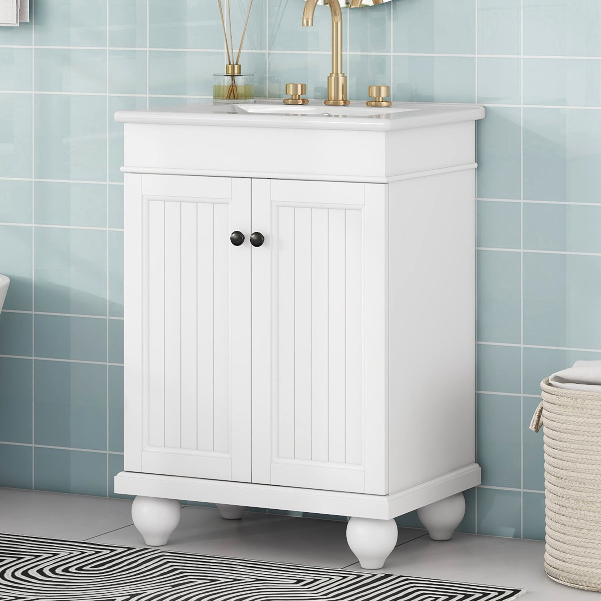 24" White Bathroom Cabinet With Ceramic Basin & Solid Wood Modern ...