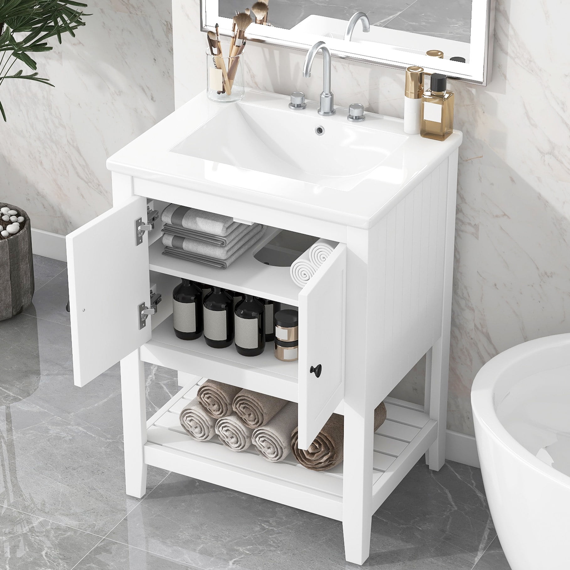 24" White Bathroom Vanity | Open Shelf Design for Bathroom Organization ...
