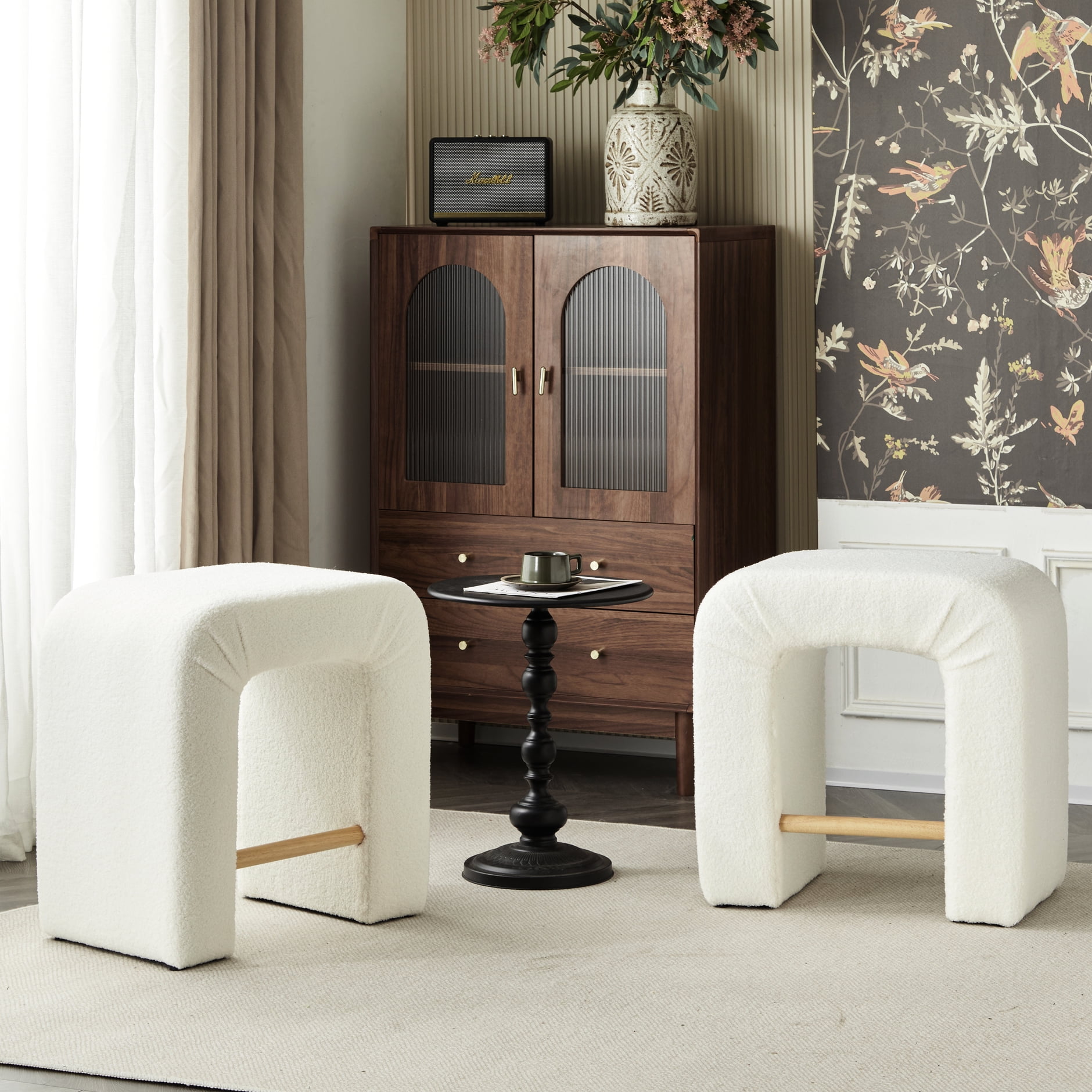 24'' White Boucle Bar Stools Of 2 - Home Kitchen Island Dining Chairs With Stylish Inverted U ...