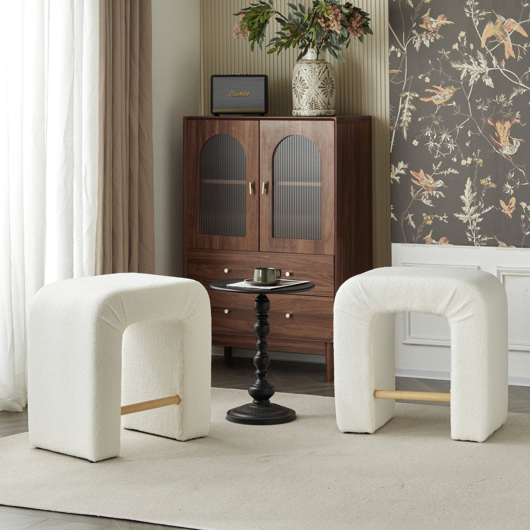 24'' White Boucle Bar Stools for Dining Room Use | Inverted U-Shape ...