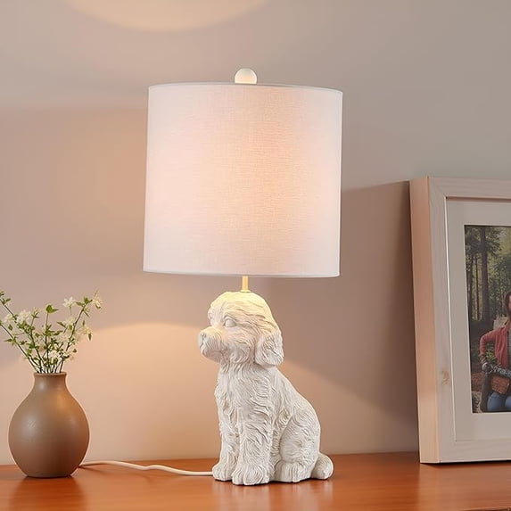 24" White Doodle Dog Resin Table Lamp, Desk Lamp w/White Linen Shade ...