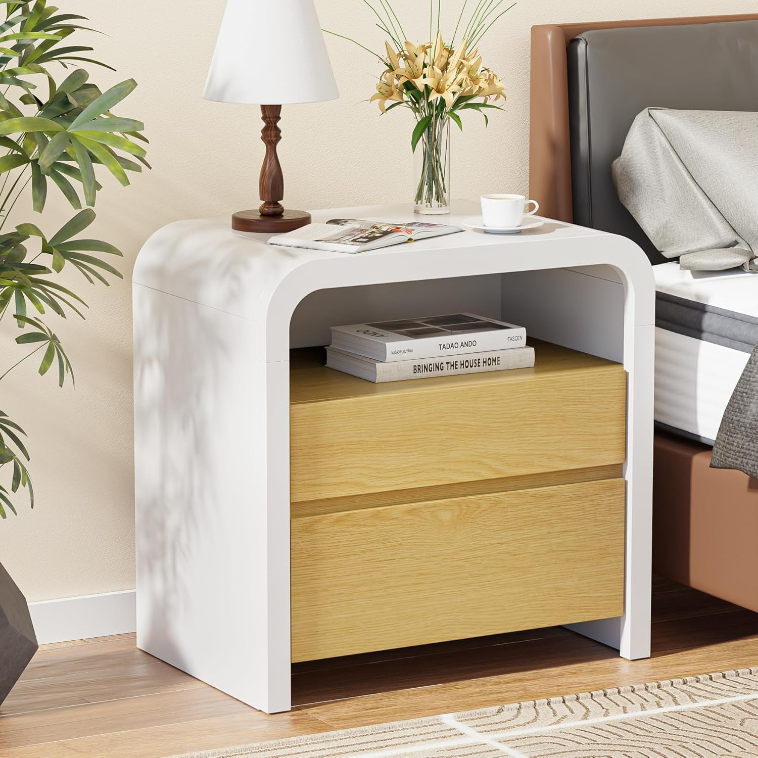 24" White and Natural Modern Nightstand,Bedside Table with Curved Anti ...