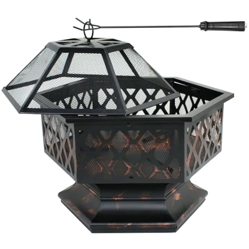 24 in Wood Burning Fire Pit - Heavy Duty Hex Shaped Outdoor Firepit ...