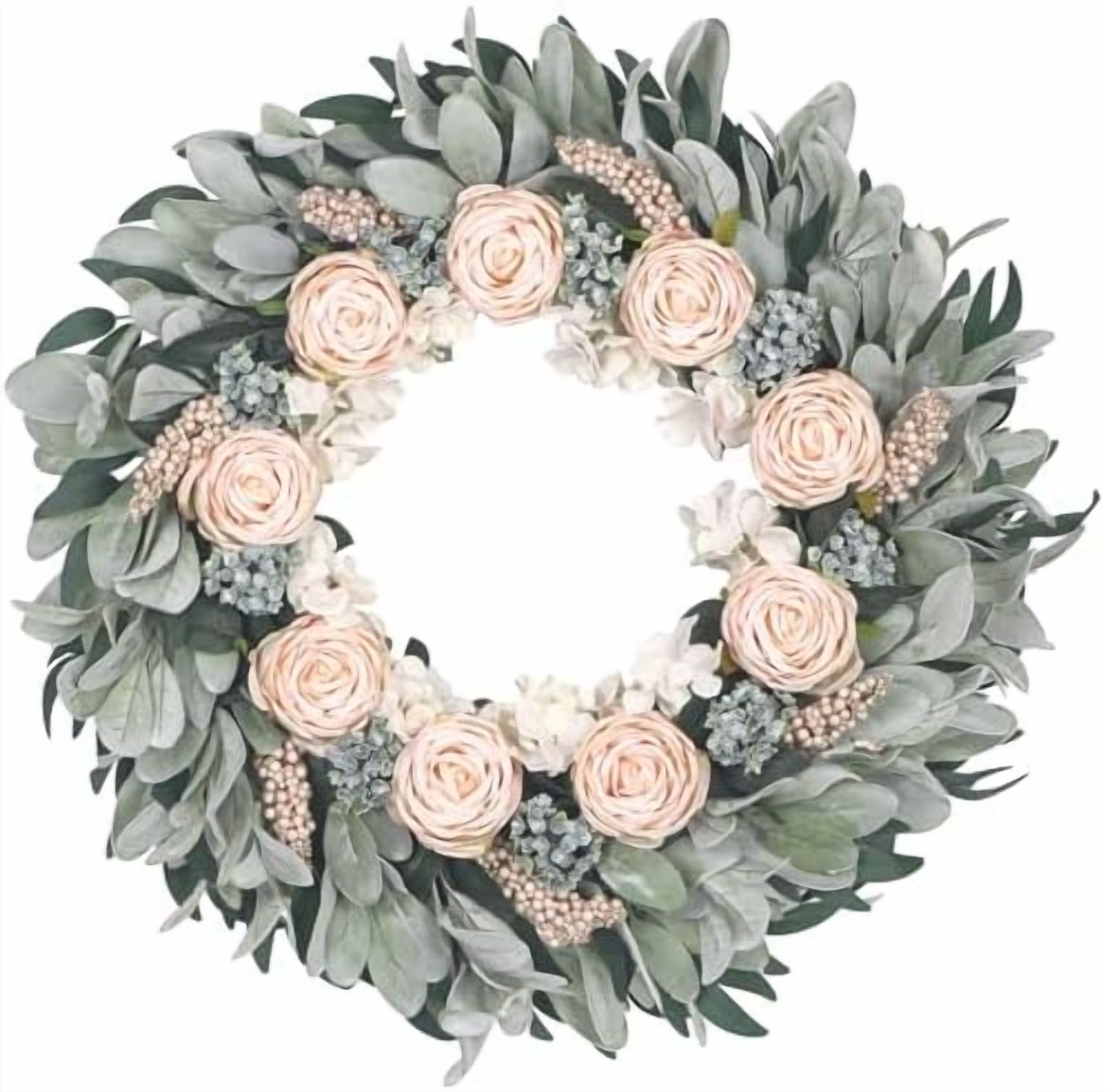 24" Wreaths for Front Door, Apricot Rose Wreath with Flocked Lamb Ear ...