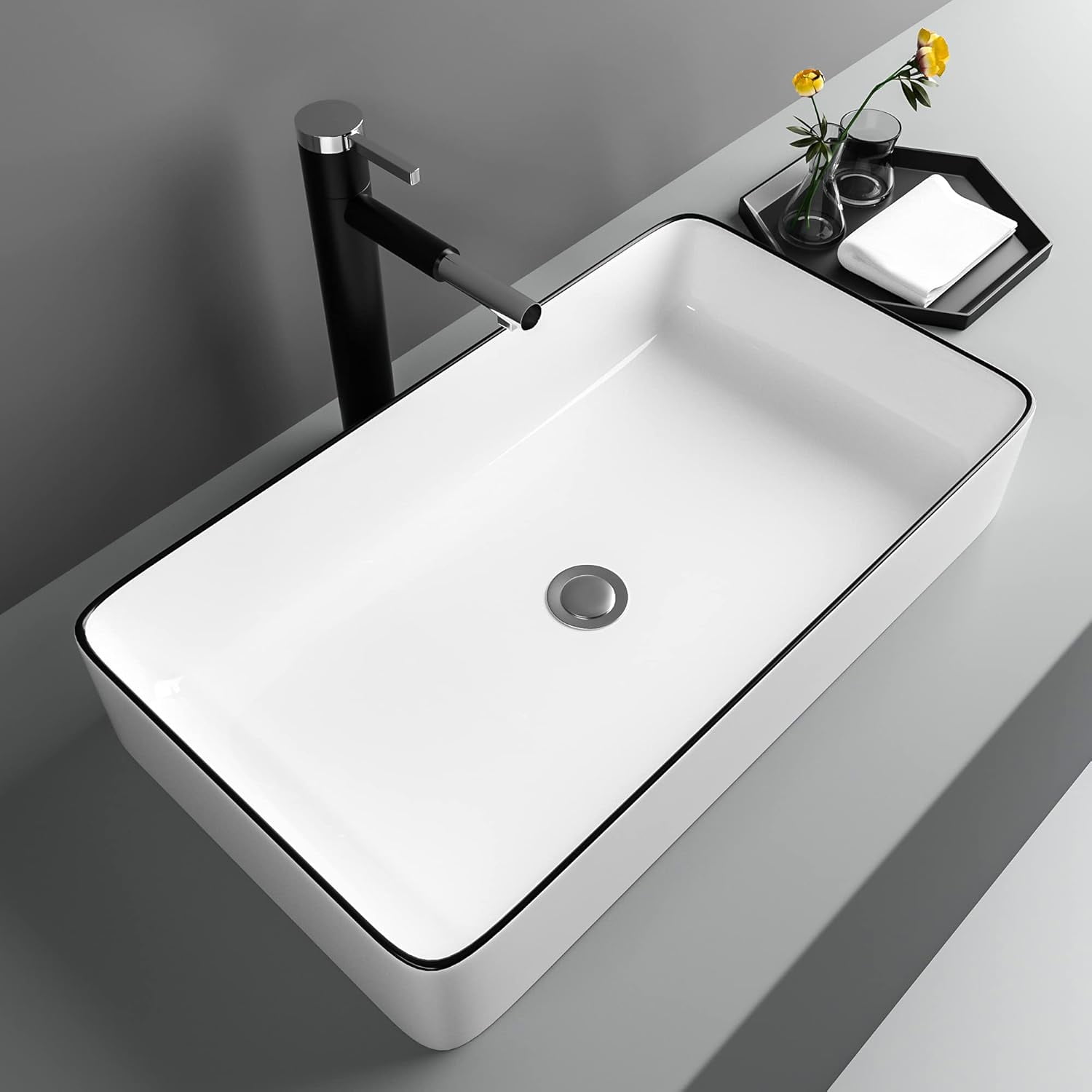 24" X 14" Rectangular White Black Ceramic Vessel Sink for Bathroom ...