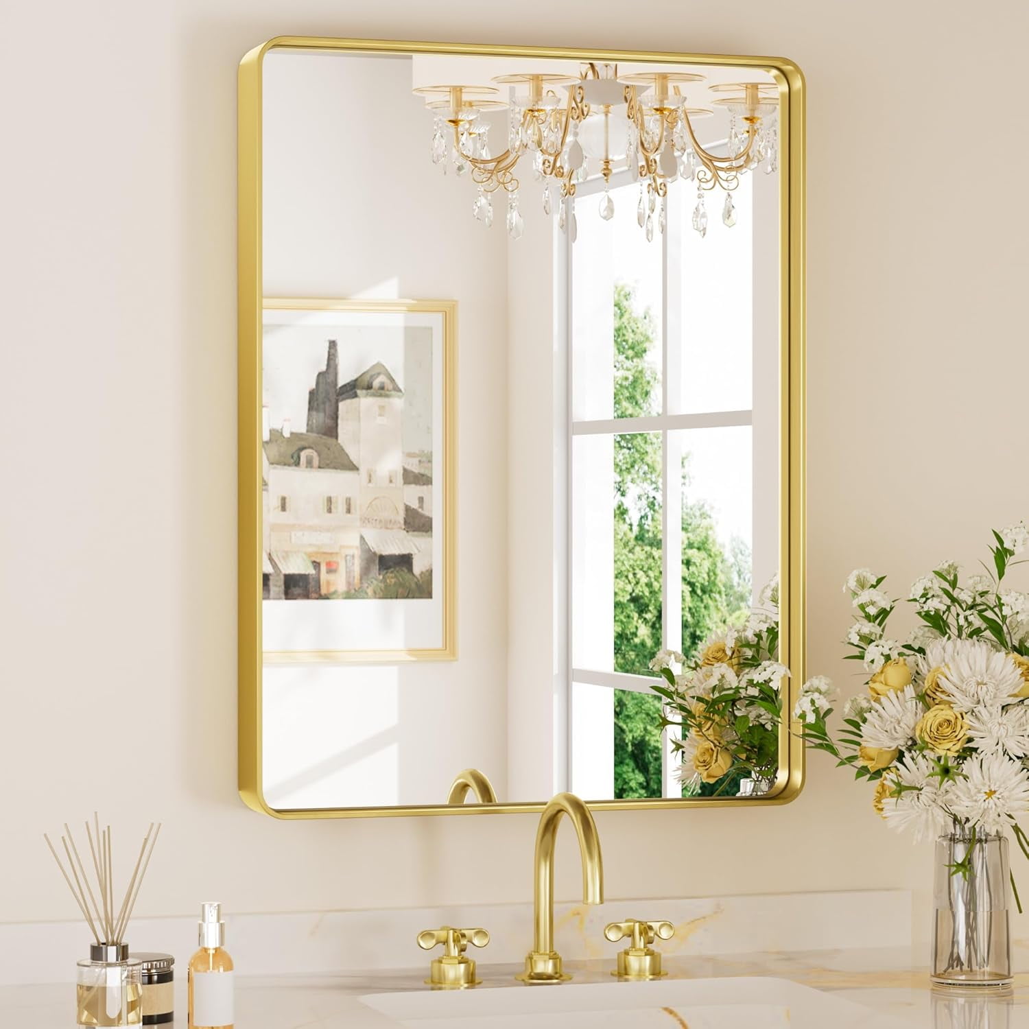 24 X 32 Inch Rounded Rectangle Gold Bathroom Mirrors for Vanity ...