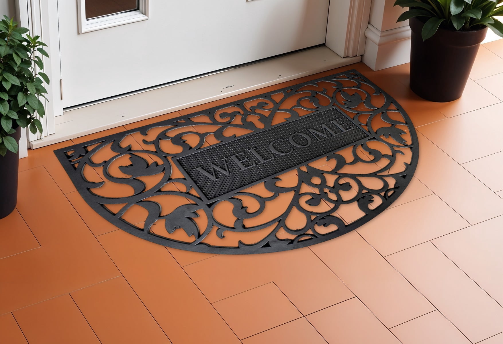 24" X 36" Black Scrollwork Welcome Semi Circle Outdoor Rubber Door Mat ...