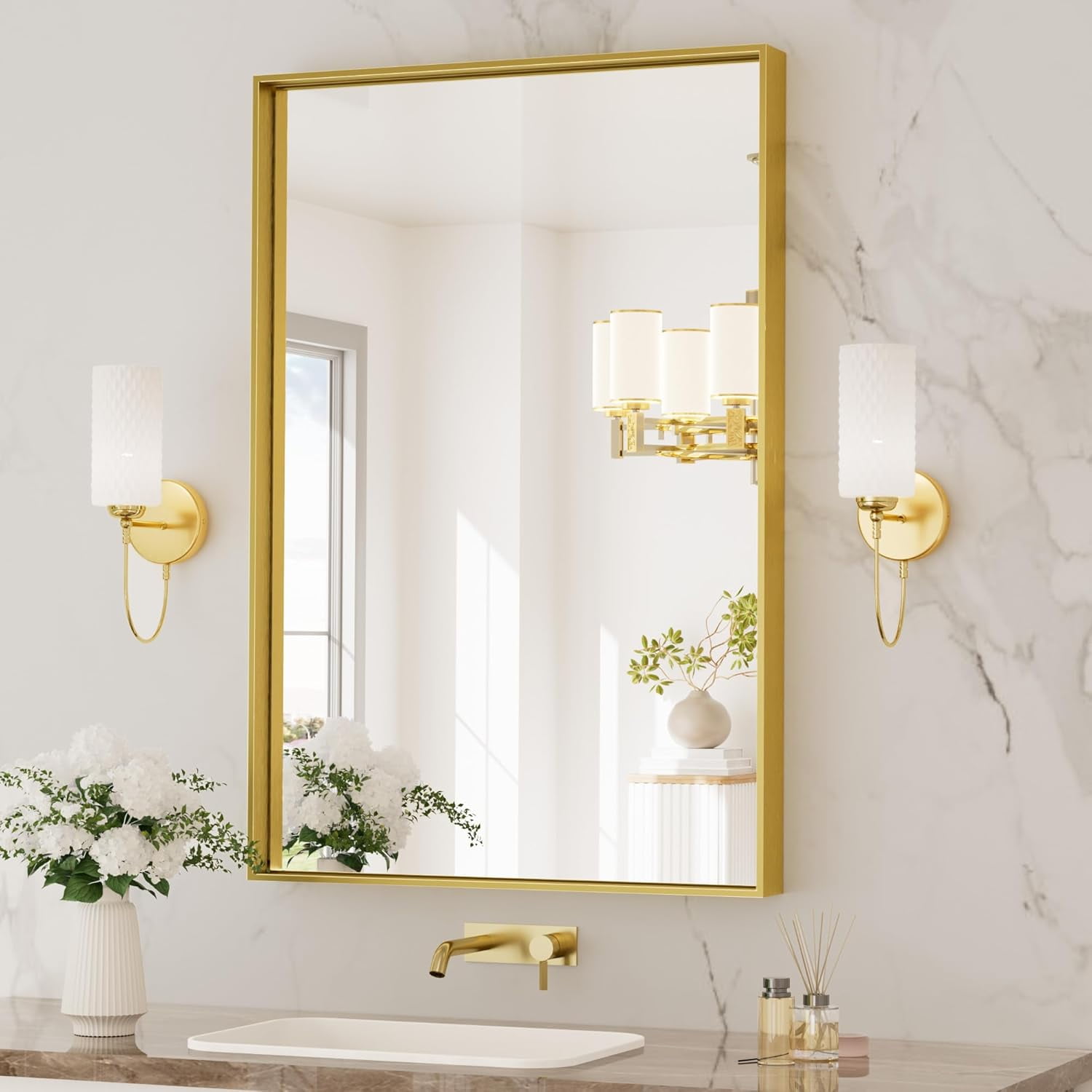 24 X 36 Inch Rectangle Brushed Gold Bathroom Vanity Mirror with Modern ...