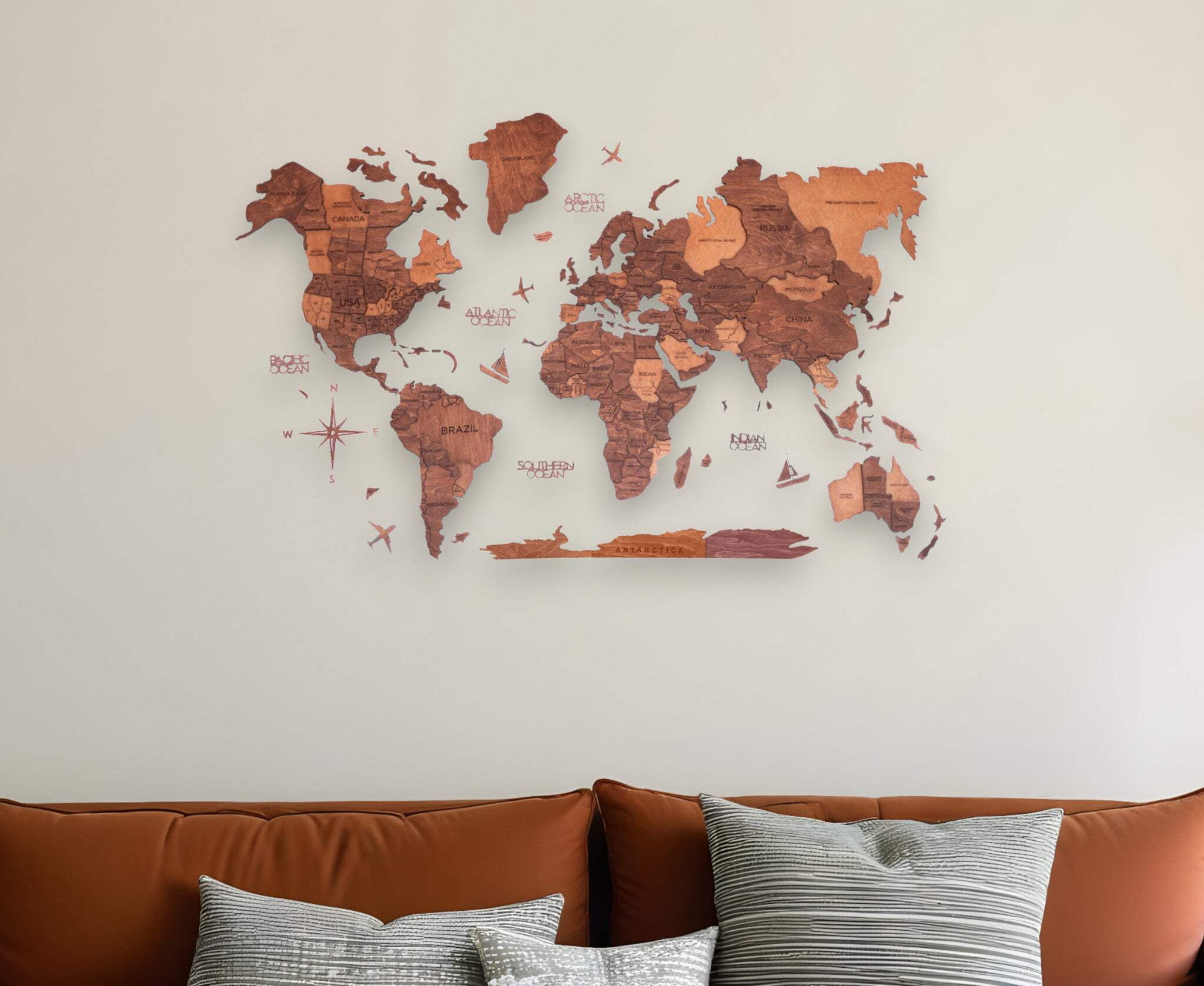 24" X 39" Brown and Tan Wood World Map Hanging Dimensional Sculpture ...