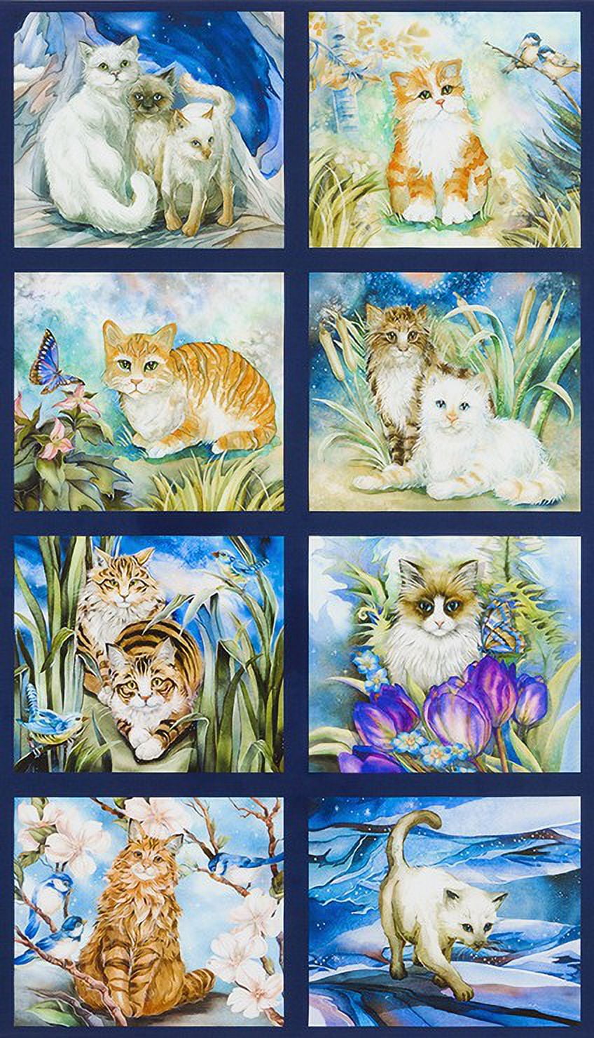 24" X 44" Panel Be Pawsitive Cats Felines Animals Navy Cotton Fabric ...