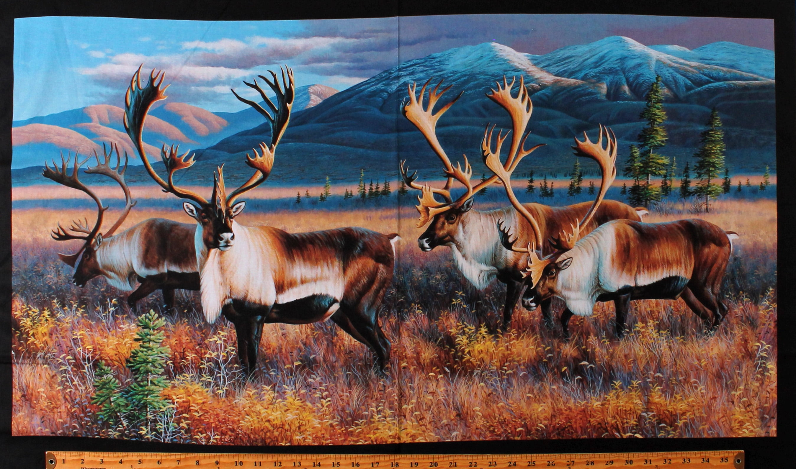 24" X 44" Panel Northern Nomads Black Caribou Reindeer Wildlife Mountains Cotton Fabric Panel ...