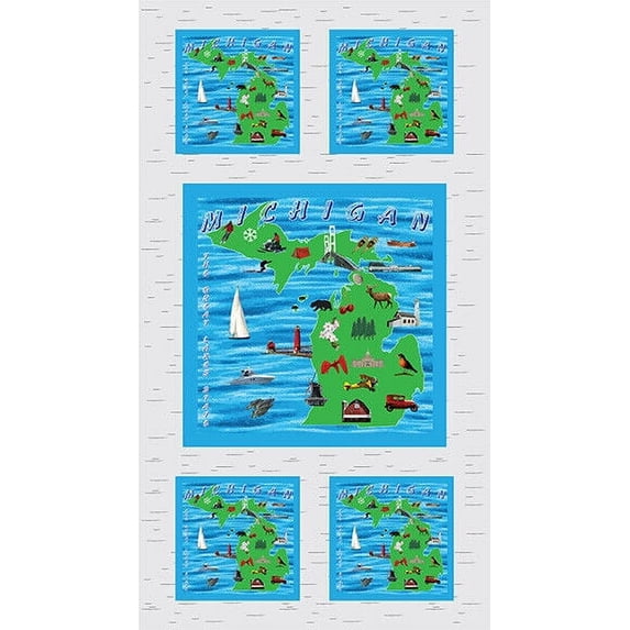24" X 44" Panel State of Michigan Theme Landmarks Digital Print Cotton ...