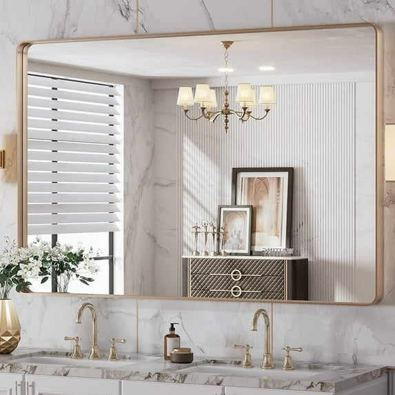 24”X32” Gold Bathroom Mirror, Rounded Rectangle Gold Frame Mirror ...