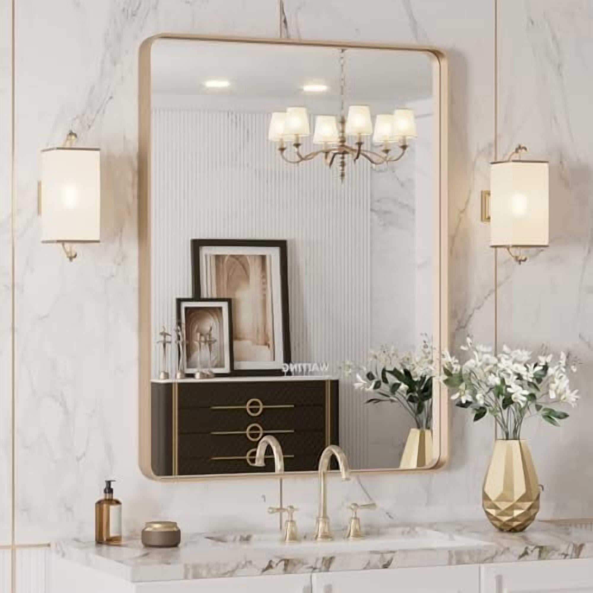 24”X32” Gold Bathroom Mirror, Rounded Rectangle Gold Frame Mirror ...