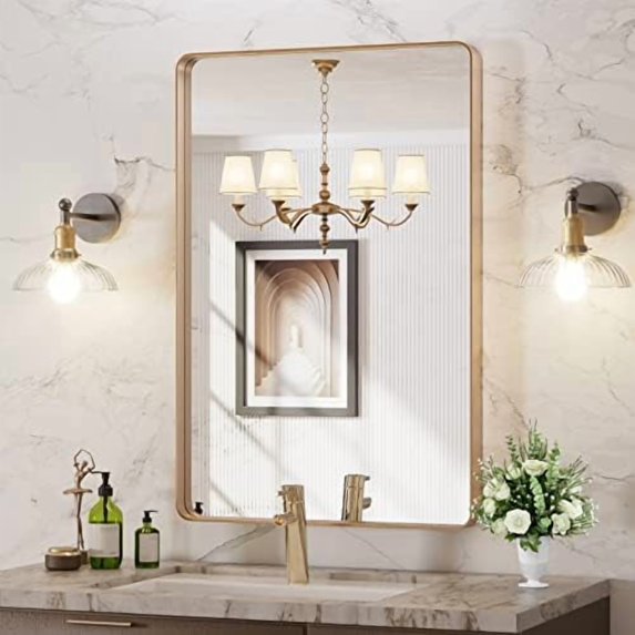 24”X36” Gold Bathroom Mirror, Rounded Rectangle Gold Frame Mirror ...