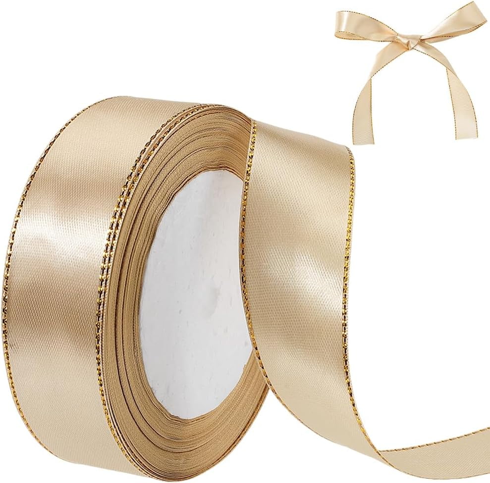 24 Yards 1 Inch Champagne Satin Ribbon with Gold Edge Polyester Silk ...