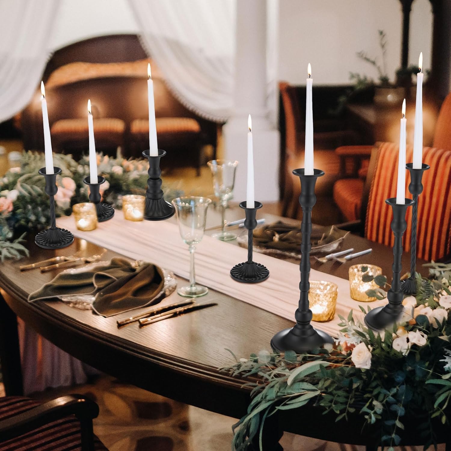 24 black candlesticks and conical candles collection, 12 vintage ...