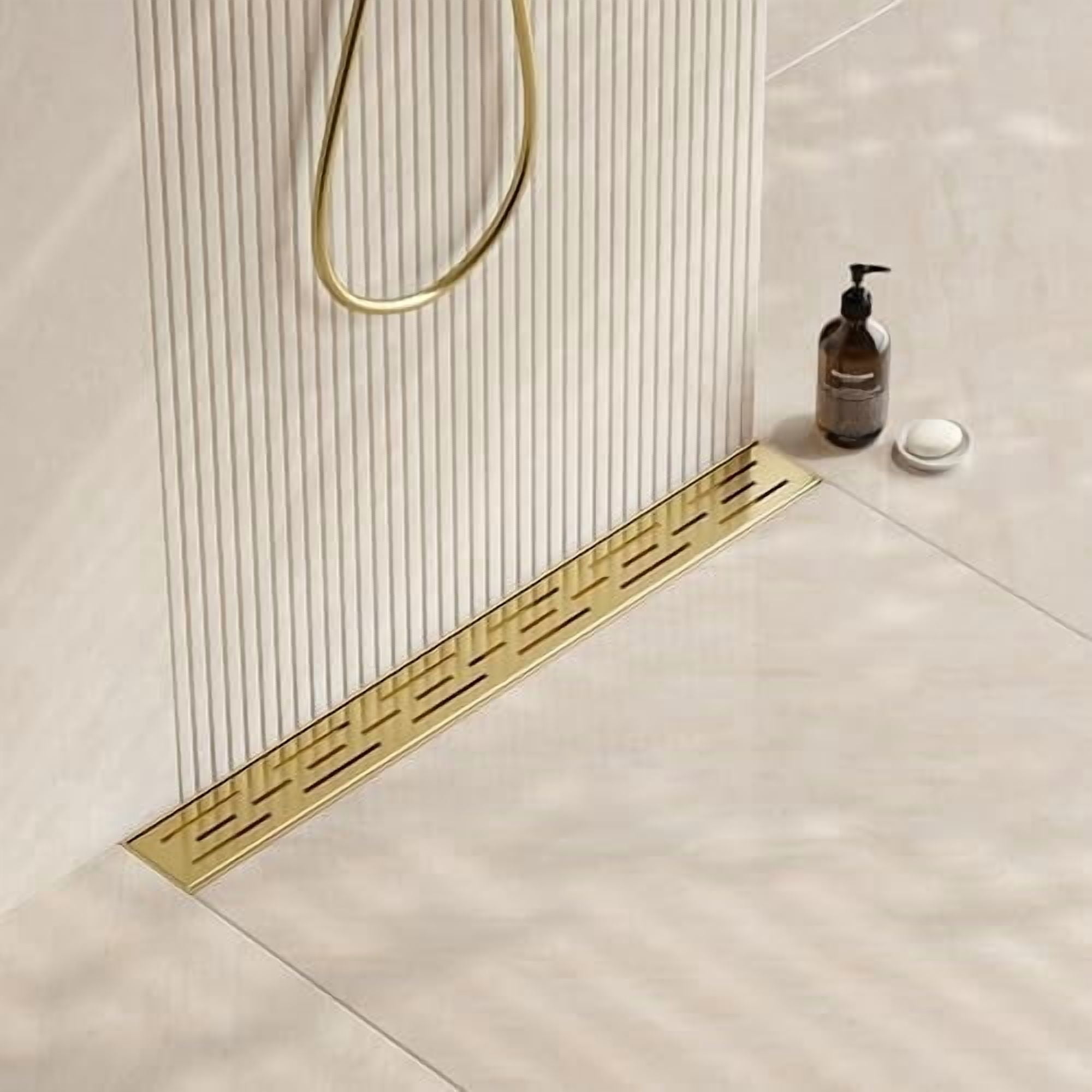 24-in Brushed Brass Rectangular Linear Shower Drain with Brick Pattern ...