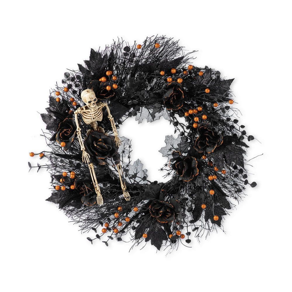 24 in. D Black Rose, Skeleton and Berry Halloween Wreath Includes a ...