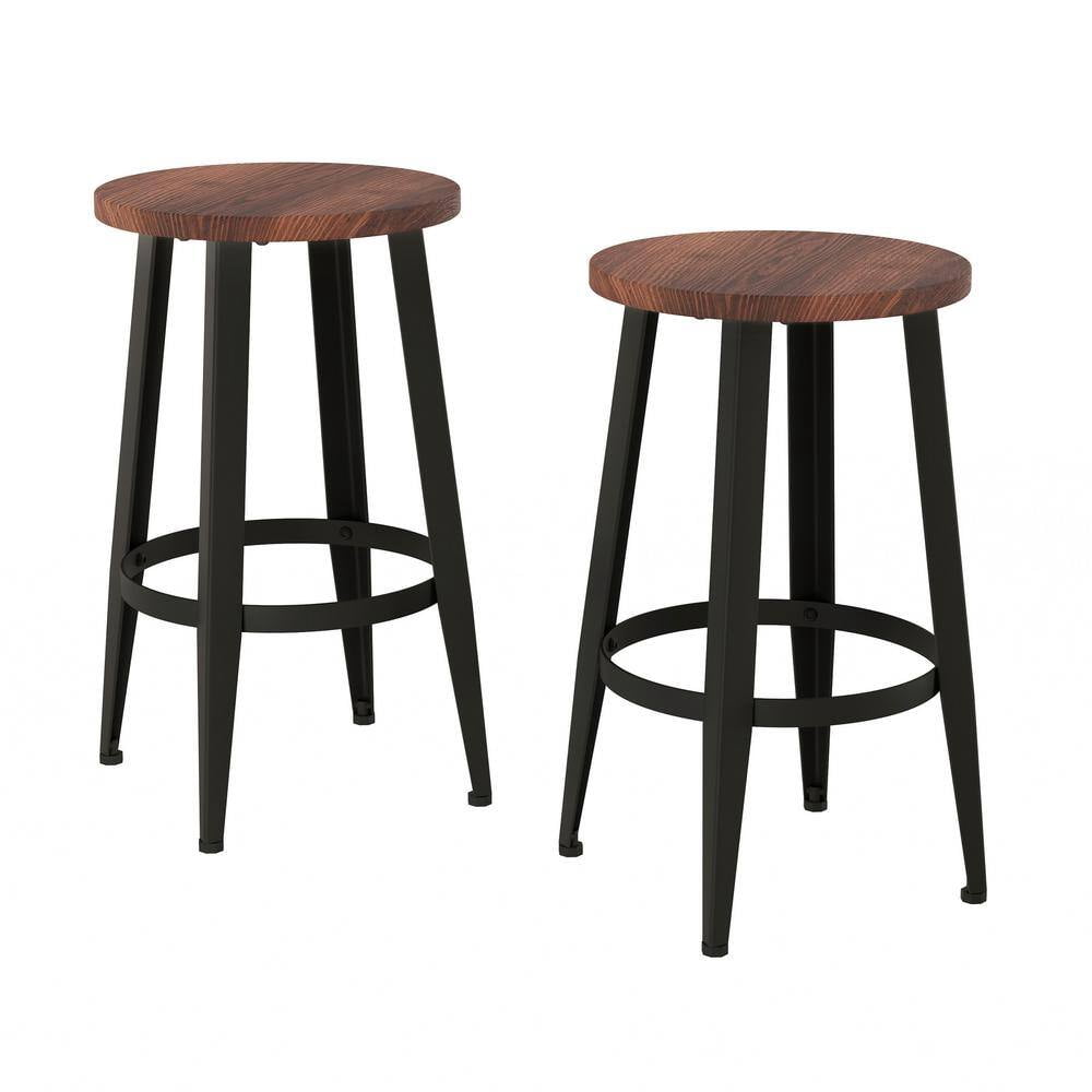 24 in. Vintage Backless Metal Counter Stools with Wooden Seat (Set of 2 ...